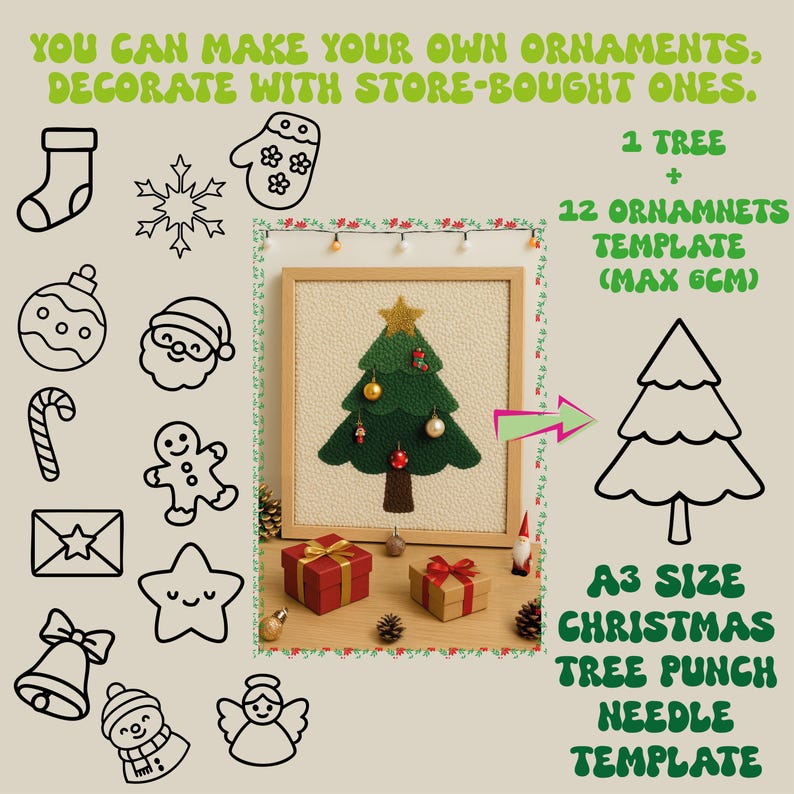 A3 Punch Needle Christmas Tree Template: DIY Ornament Embroidery (PDF ...