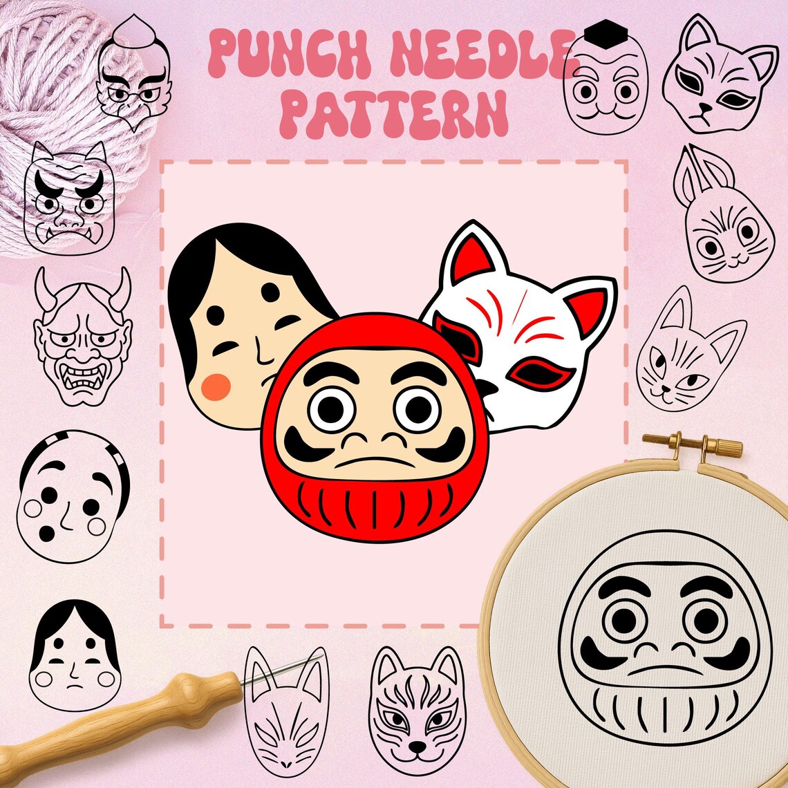 Japanese Mask Punch Needle Pattern Set: Kitsune, Oni, Daruma (PDF ...