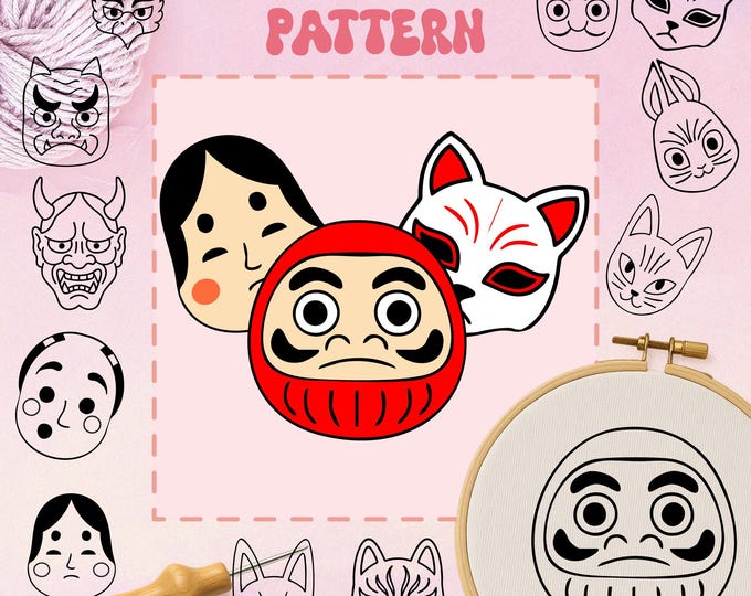 Japanese Mask Punch Needle Pattern Set: Kitsune, Oni, Daruma (PDF ...