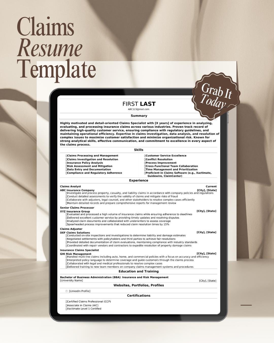 Claims Adjuster Resume Template | Ats-friendly Professional CV ...