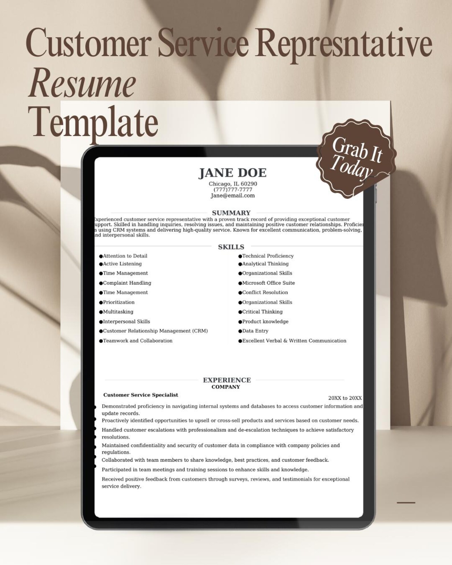 Customer Service Resume Template | Ats-friendly Professional CV ...
