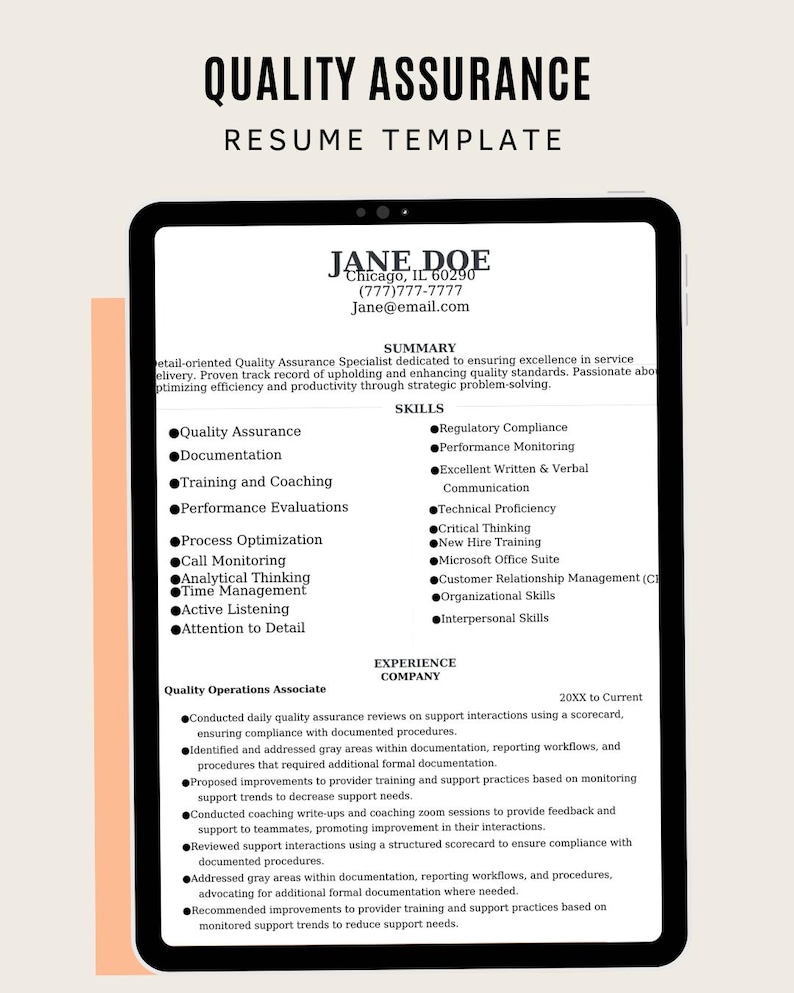 Quality Assurance Resume Template | Ats-friendly Professional CV ...