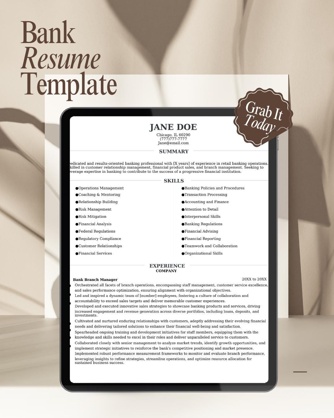 Bank Resume Template | Professional Ats-friendly CV | Editable in Word ...