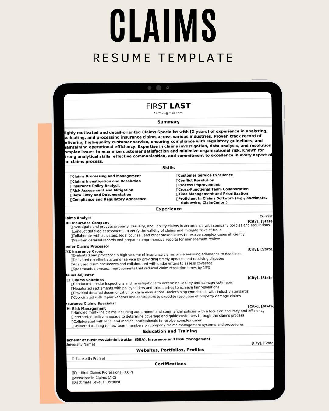 Claims Adjuster Resume Template | Ats-friendly Professional CV ...