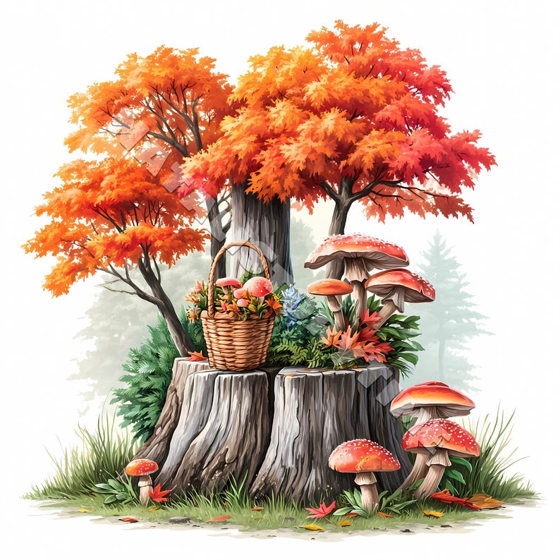 Autumn Forest Stump Stump Clip Art Card Design 10 JPG Printable ...