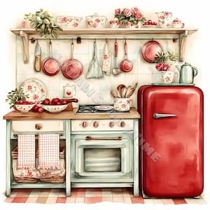 Retro Red Kitchen Clip Art Card Design 10 JPG Printable Watercolor High ...