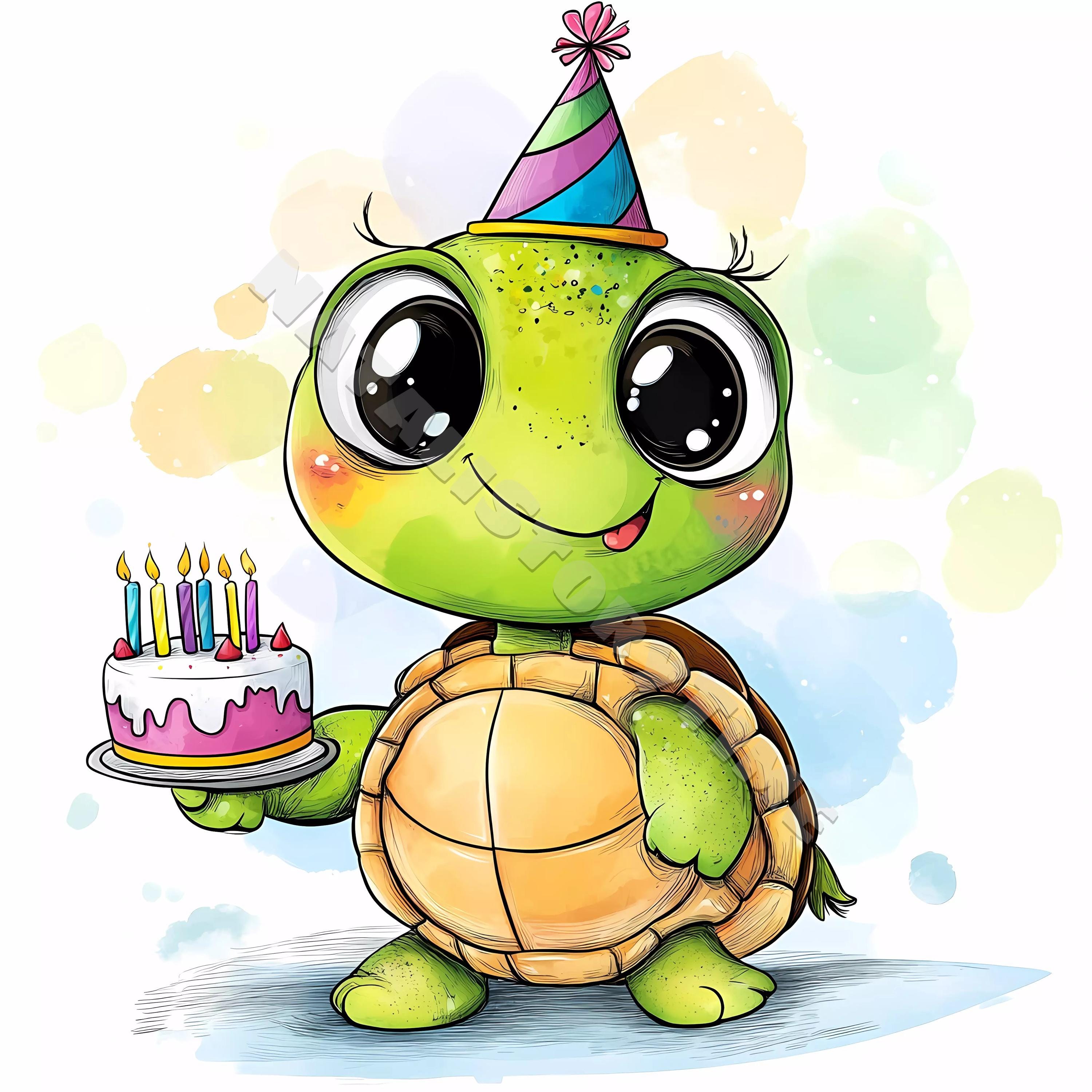 Quirky Birthday Turtle Clip Art Bday Design 10 JPG Printable Watercolor ...