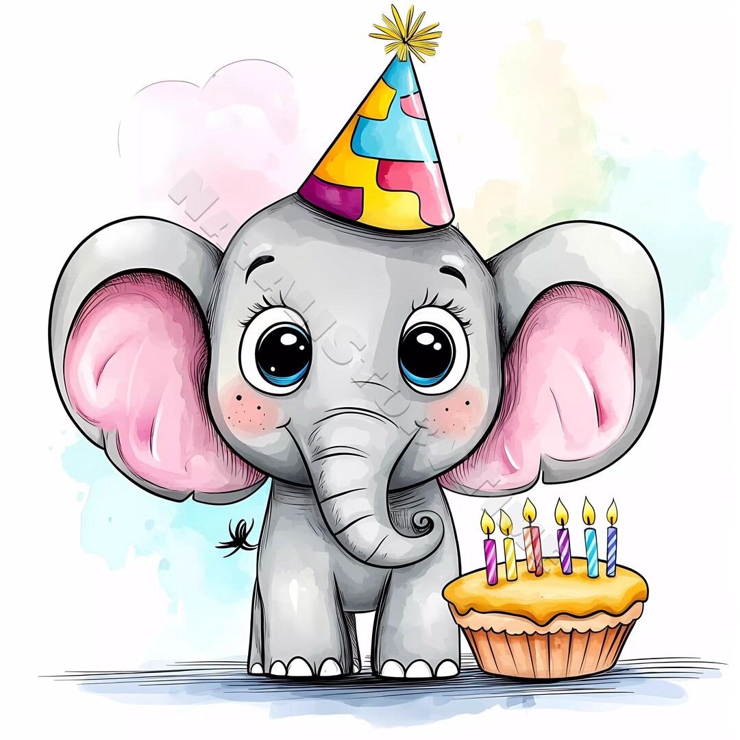Cute Birthday Elephant Clip Art Bday Design 10 JPG Printable Watercolor ...