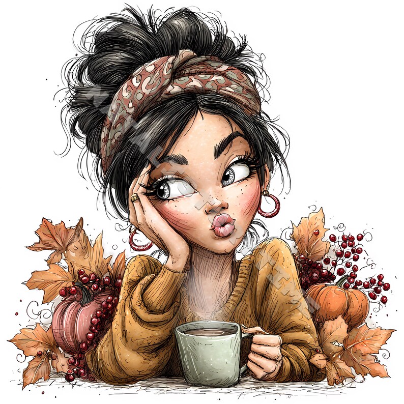 Autumn Coffee Girl 13 JPG Fall Cartoon Clipart Printable Watercolor ...