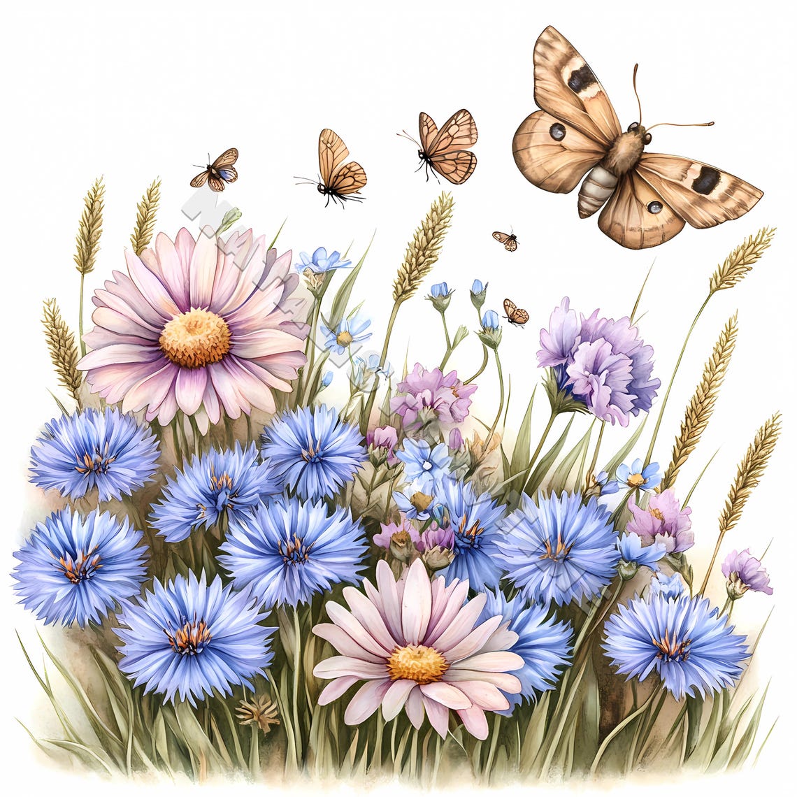 Cornflower Field Clip Art Card Design 10 JPG Printable Watercolor High ...