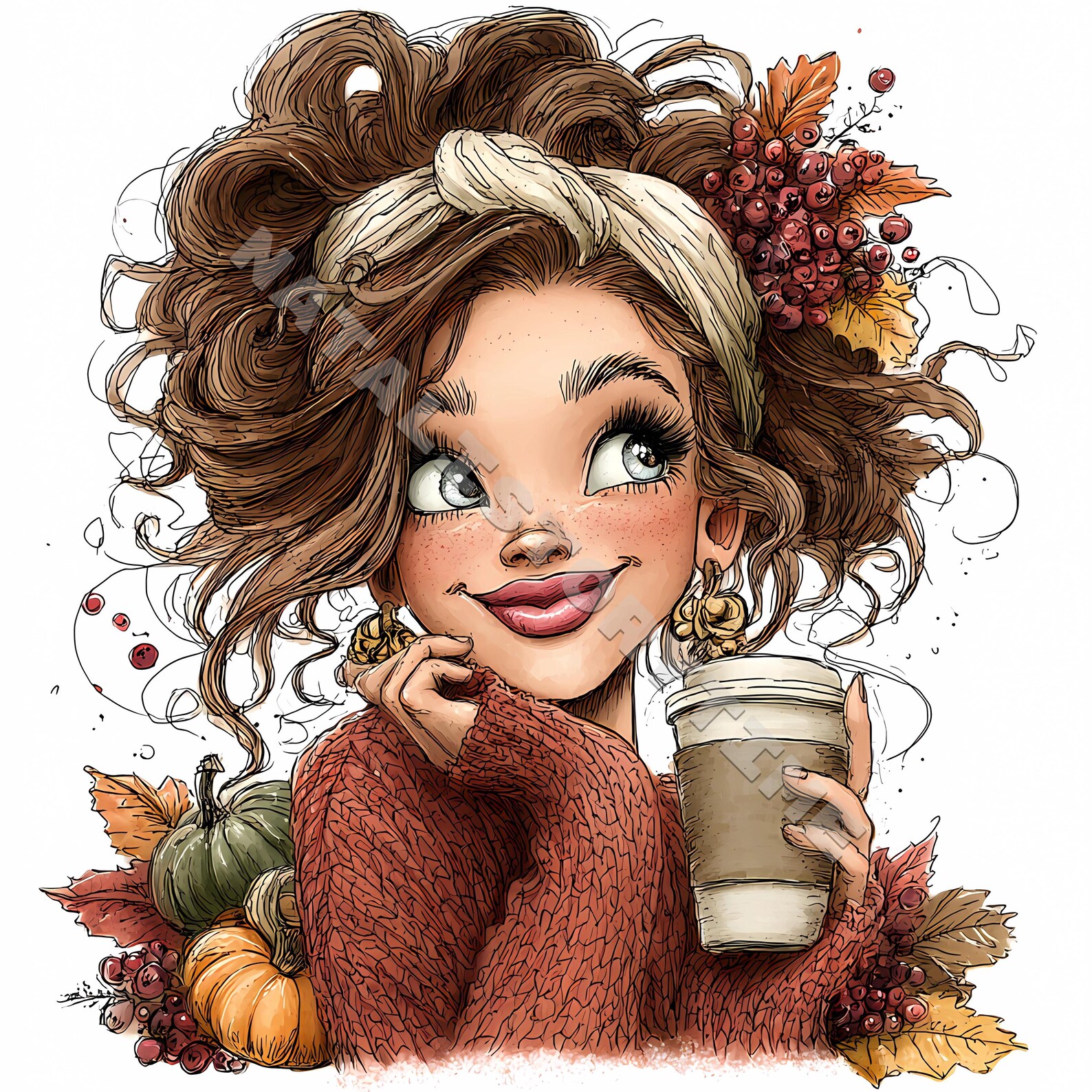 Autumn Coffee Girl 13 JPG Fall Cartoon Clipart Printable Watercolor ...