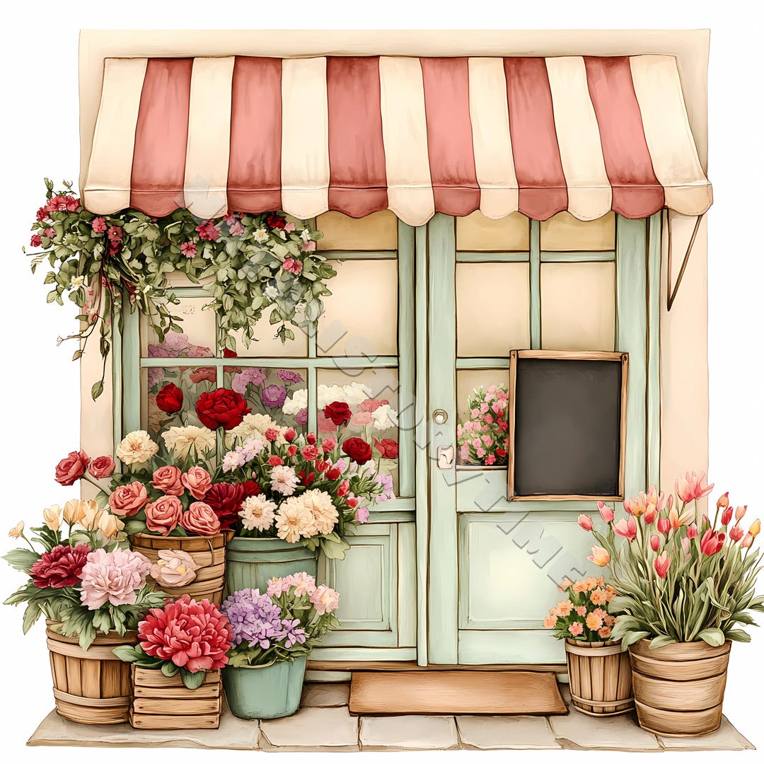 Vintage Flower Shop Clip Art Card Design 10 JPG Printable Watercolor ...