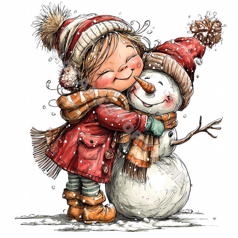 Girl With Snowman 10 JPG Cute Winter Cartoon Clipart Printable ...