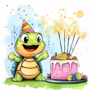 Quirky Birthday Turtle Clip Art Bday Design 10 JPG Printable Watercolor ...