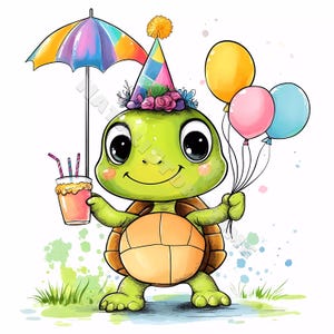 Quirky Birthday Turtle Clip Art Bday Design 10 JPG Printable Watercolor ...