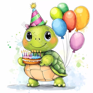 Quirky Birthday Turtle Clip Art Bday Design 10 JPG Printable Watercolor ...
