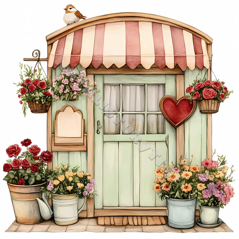 Vintage Flower Shop Clip Art Card Design 10 JPG Printable Watercolor ...