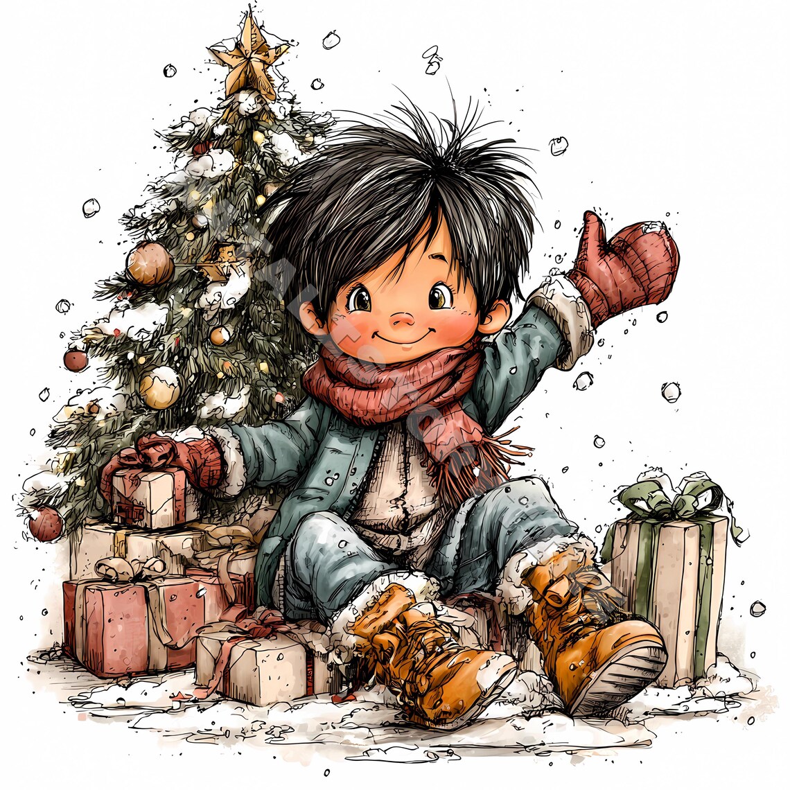 Christmas Tree Boy 12 JPG Cartoon Winter Clipart Printable Watercolor ...