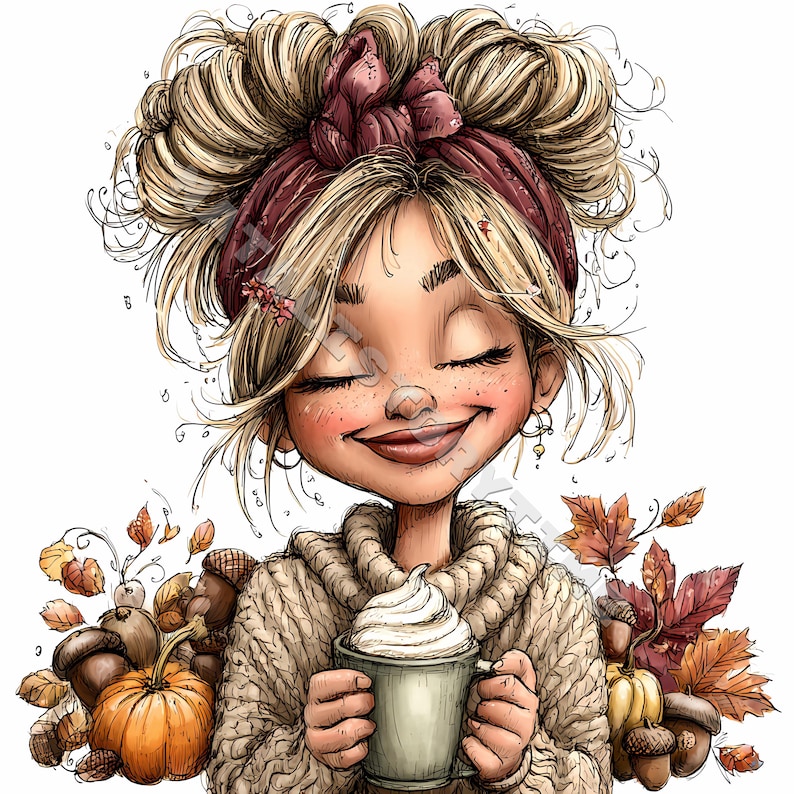 Autumn Coffee Girl 13 JPG Fall Cartoon Clipart Printable Watercolor ...