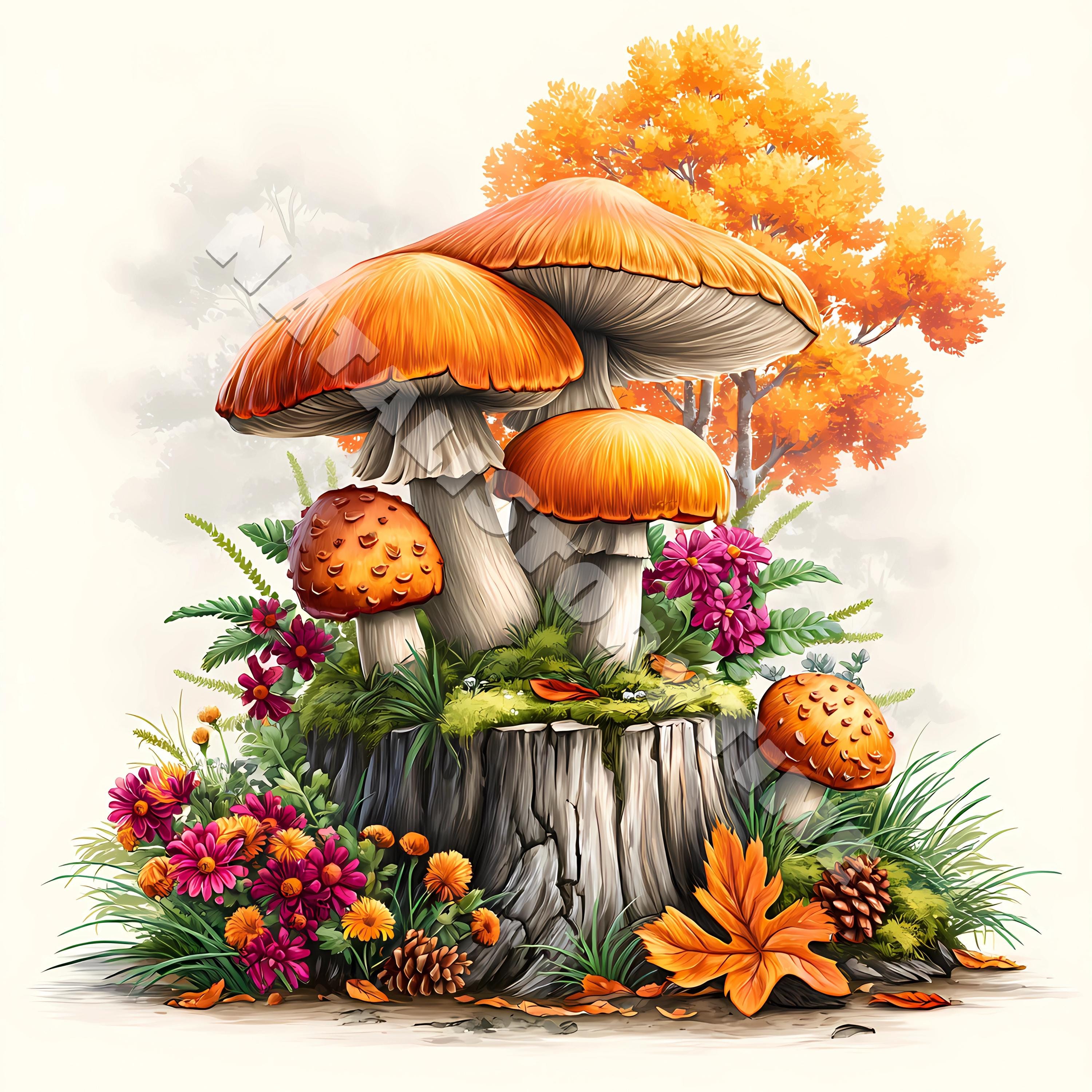 Fall Mushroom Stump Clip Art Card Design 10 JPG Printable Watercolor ...