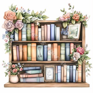 Shabby Chic Vintage Bookcase Clip Art Card Design 10 JPG Printable Watercolor High-quality ...