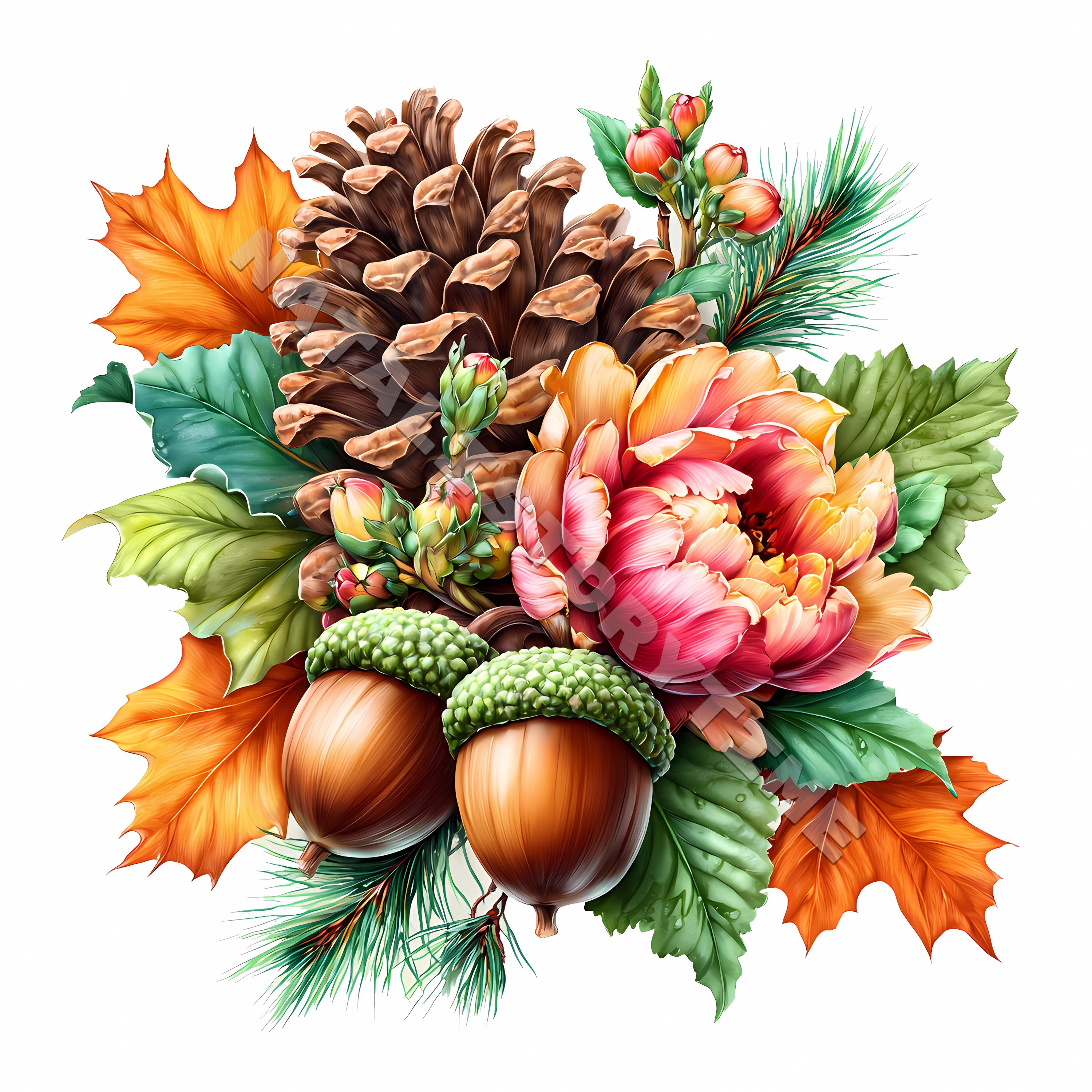Autumn Pinecone Acorn Clipart Card Design 10 JPG Printable Watercolor ...