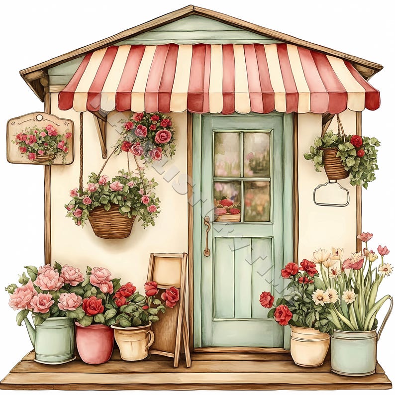 Vintage Flower Shop Clip Art Card Design 10 JPG Printable Watercolor ...