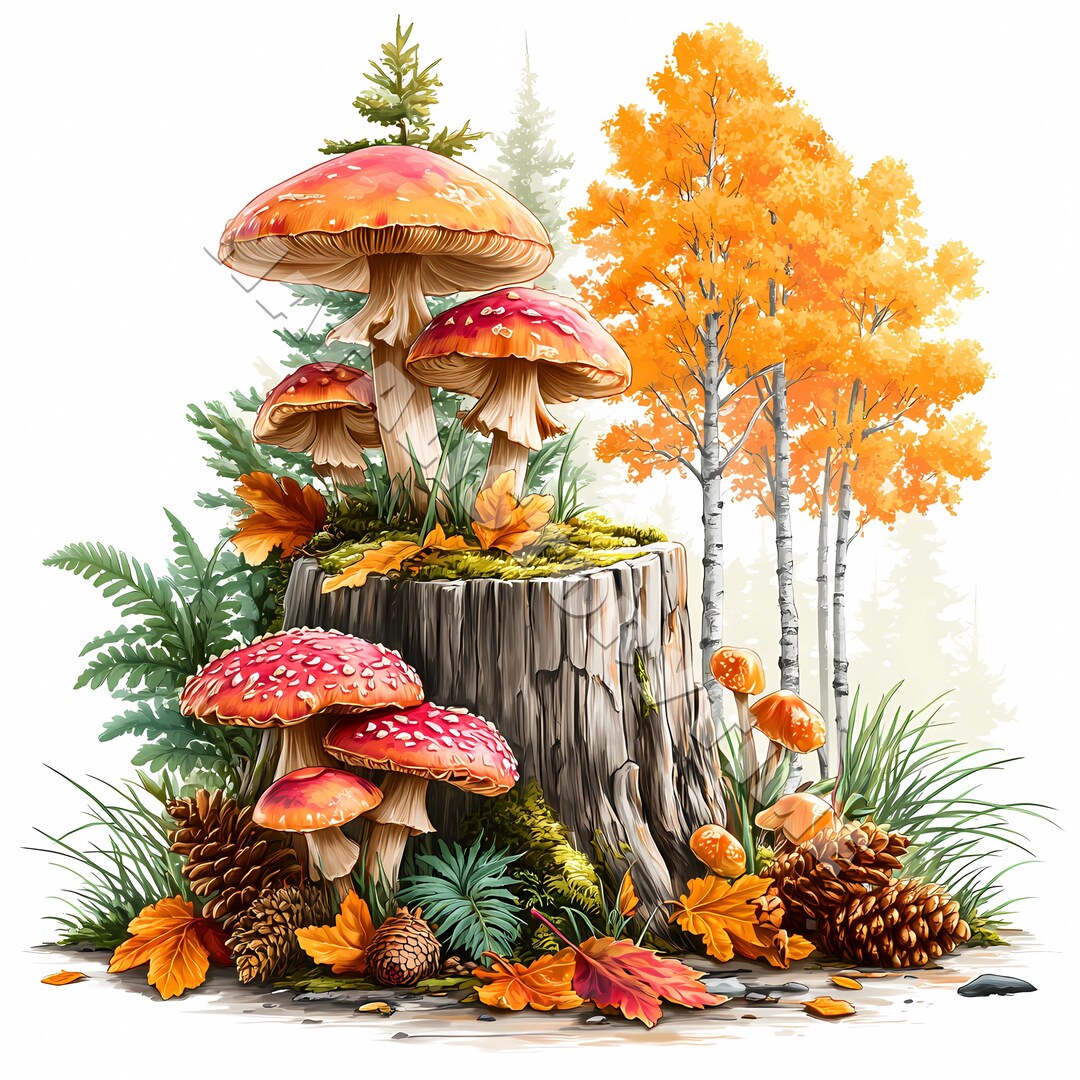 Fall Mushroom Stump Clip Art Card Design 10 JPG Printable Watercolor ...