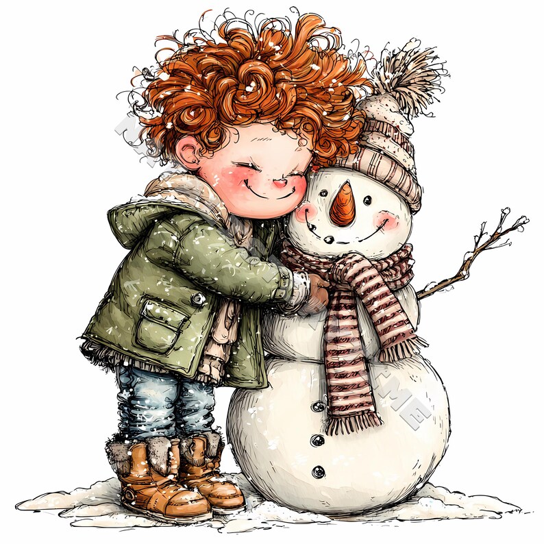 Quirky Boy With Snowman 10 JPG Cute Winter Cartoon Clipart Printable ...
