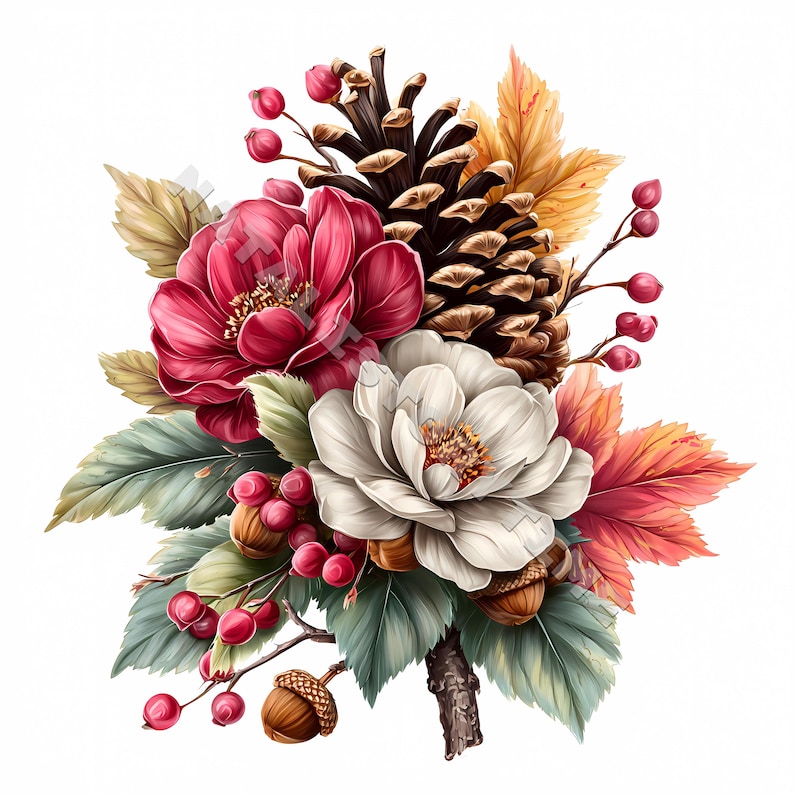 Autumn Pinecone Acorn Clipart Card Design 10 JPG Printable Watercolor ...