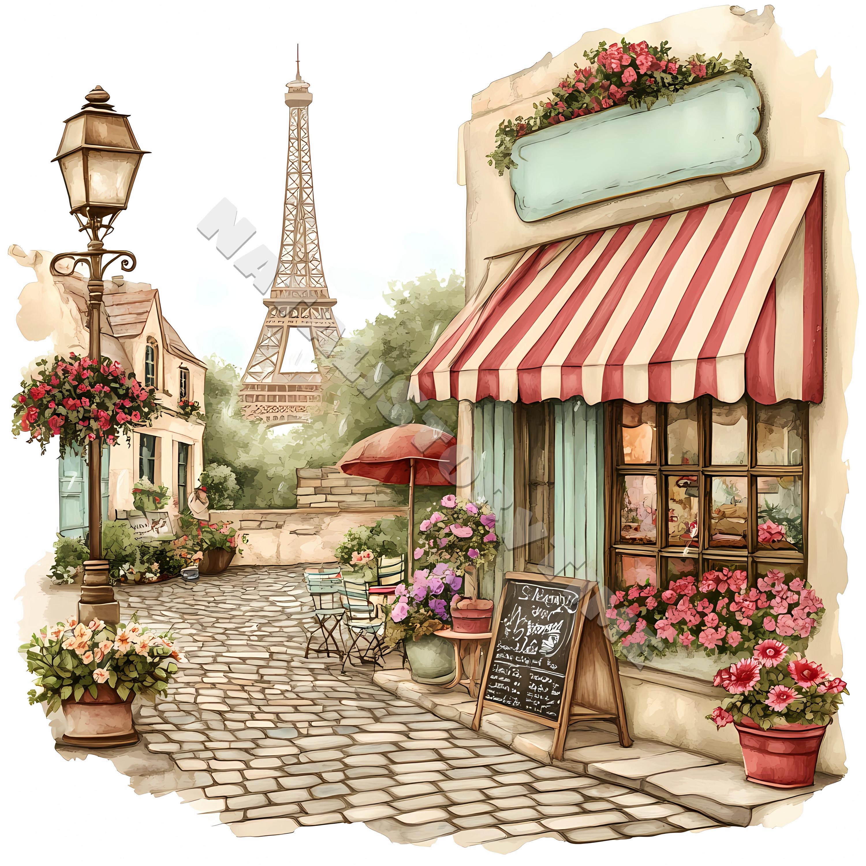 Parisian Street Scene Clip Art Card Design 10 JPG Printable Watercolor ...
