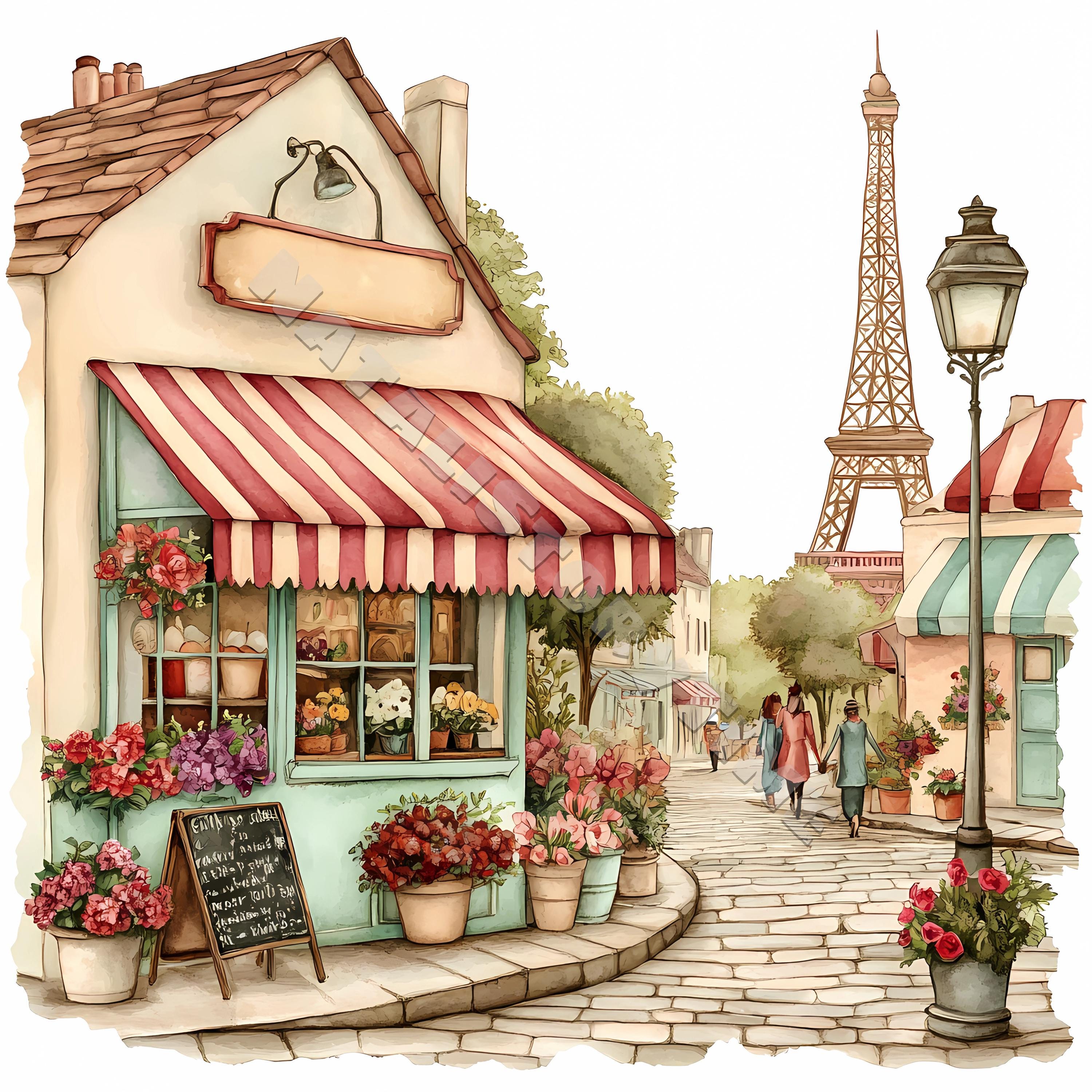 Parisian Street Scene Clip Art Card Design 10 JPG Printable Watercolor ...