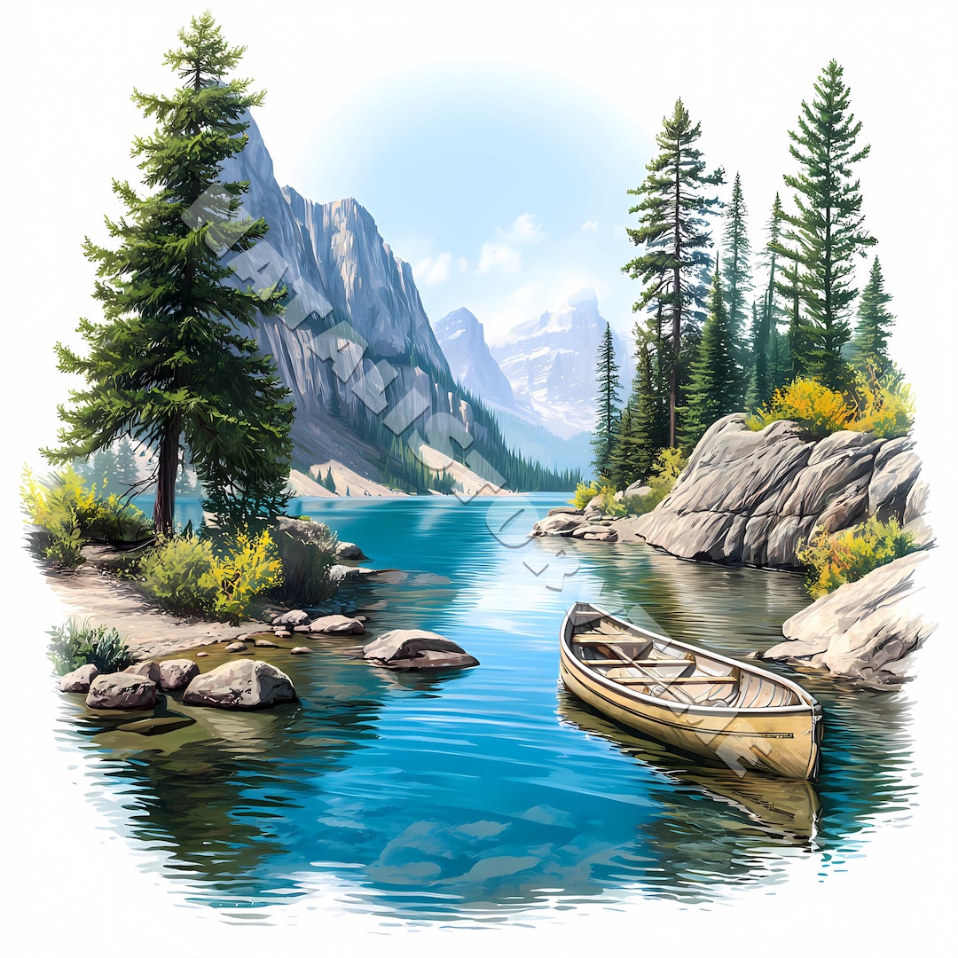 Mountain Lake Clip Art Card Design 10 JPG Printable Watercolor High ...