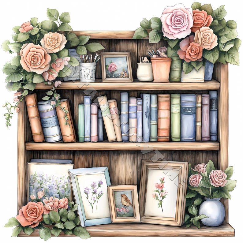 Shabby Chic Vintage Bookcase Clip Art Card Design 10 JPG Printable ...