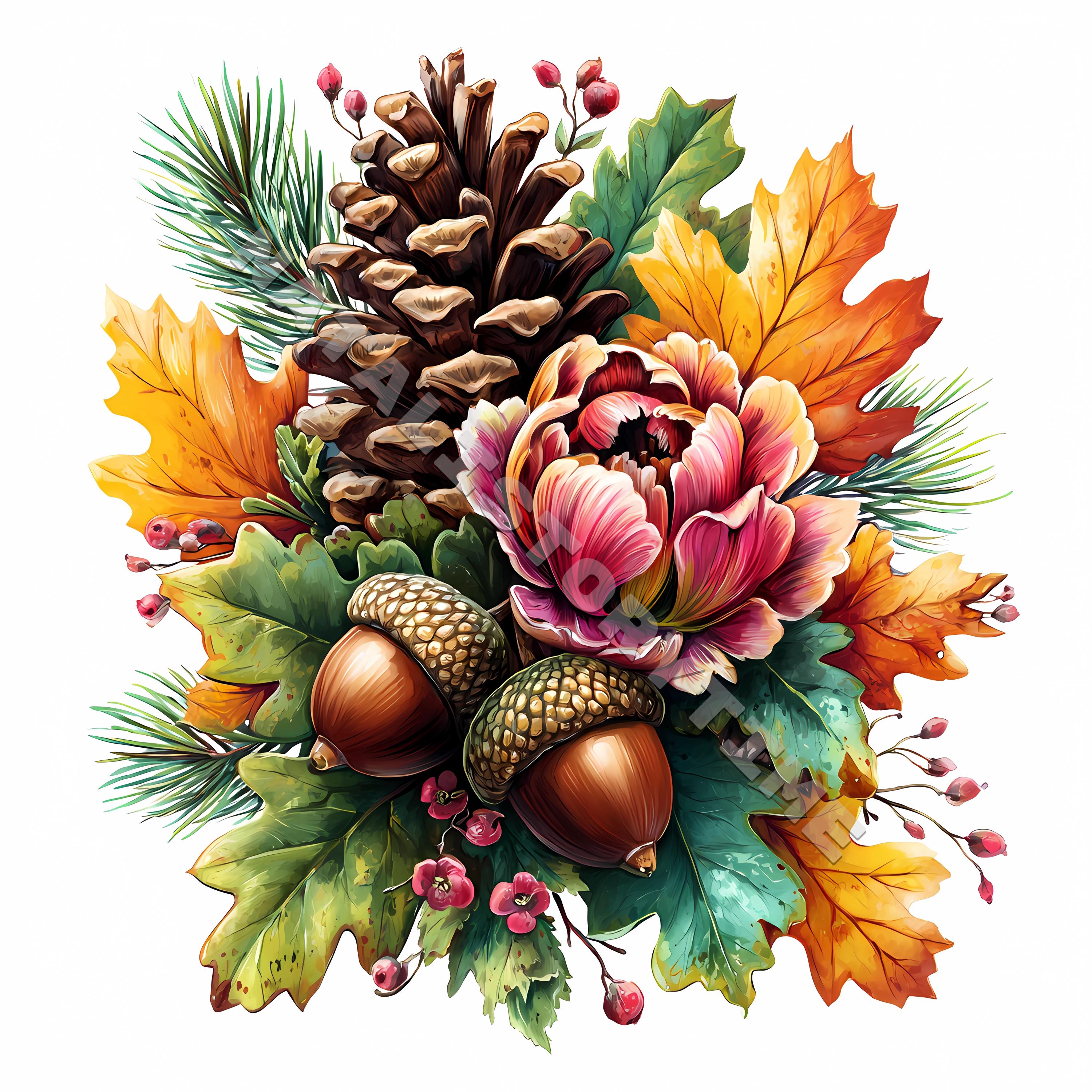 Autumn Pinecone Acorn Clipart Card Design 10 JPG Printable Watercolor ...