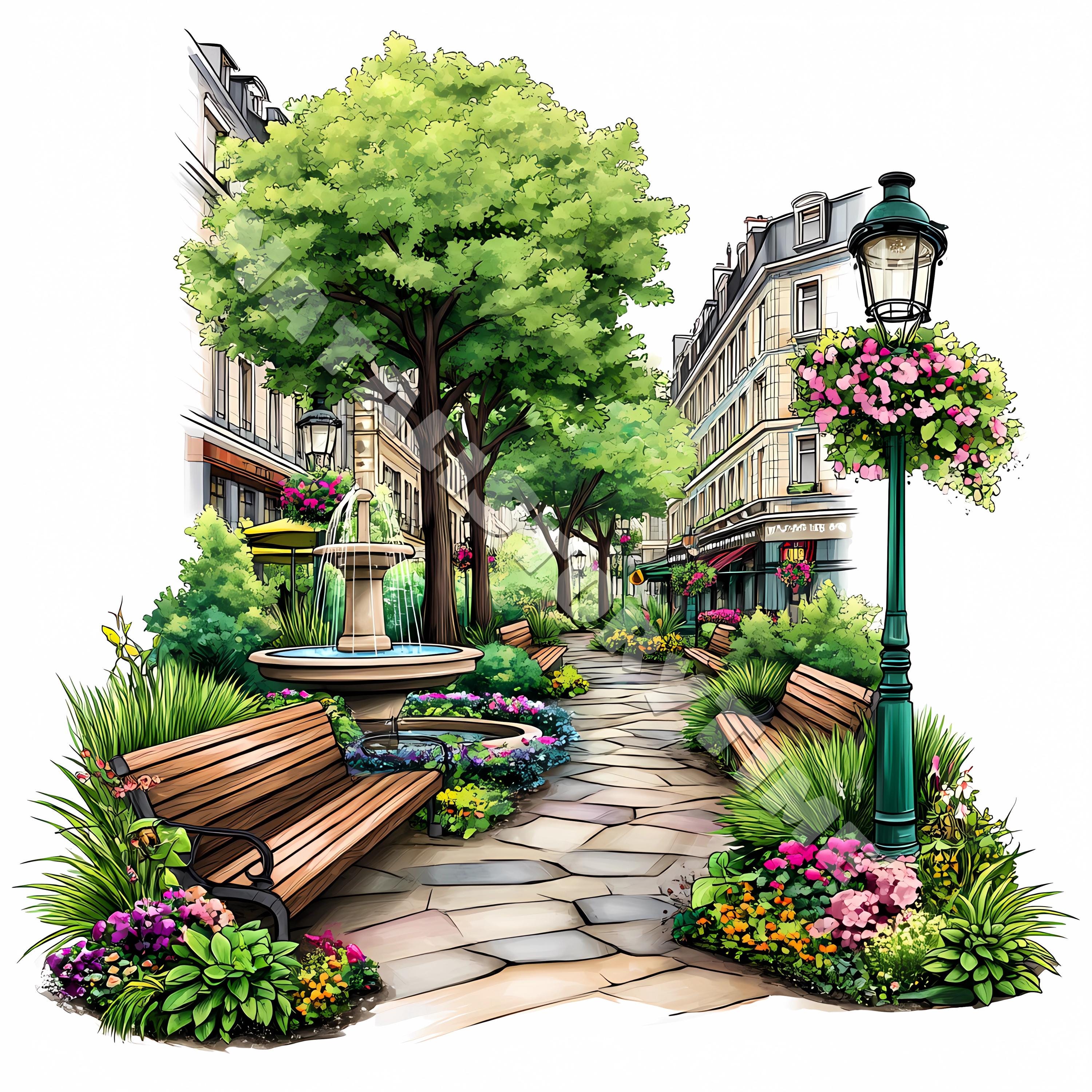 Summer City Square Clipart Card Design 10 JPG Printable Watercolor High ...