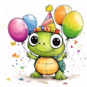 Quirky Birthday Turtle Clip Art Bday Design 10 JPG Printable Watercolor ...