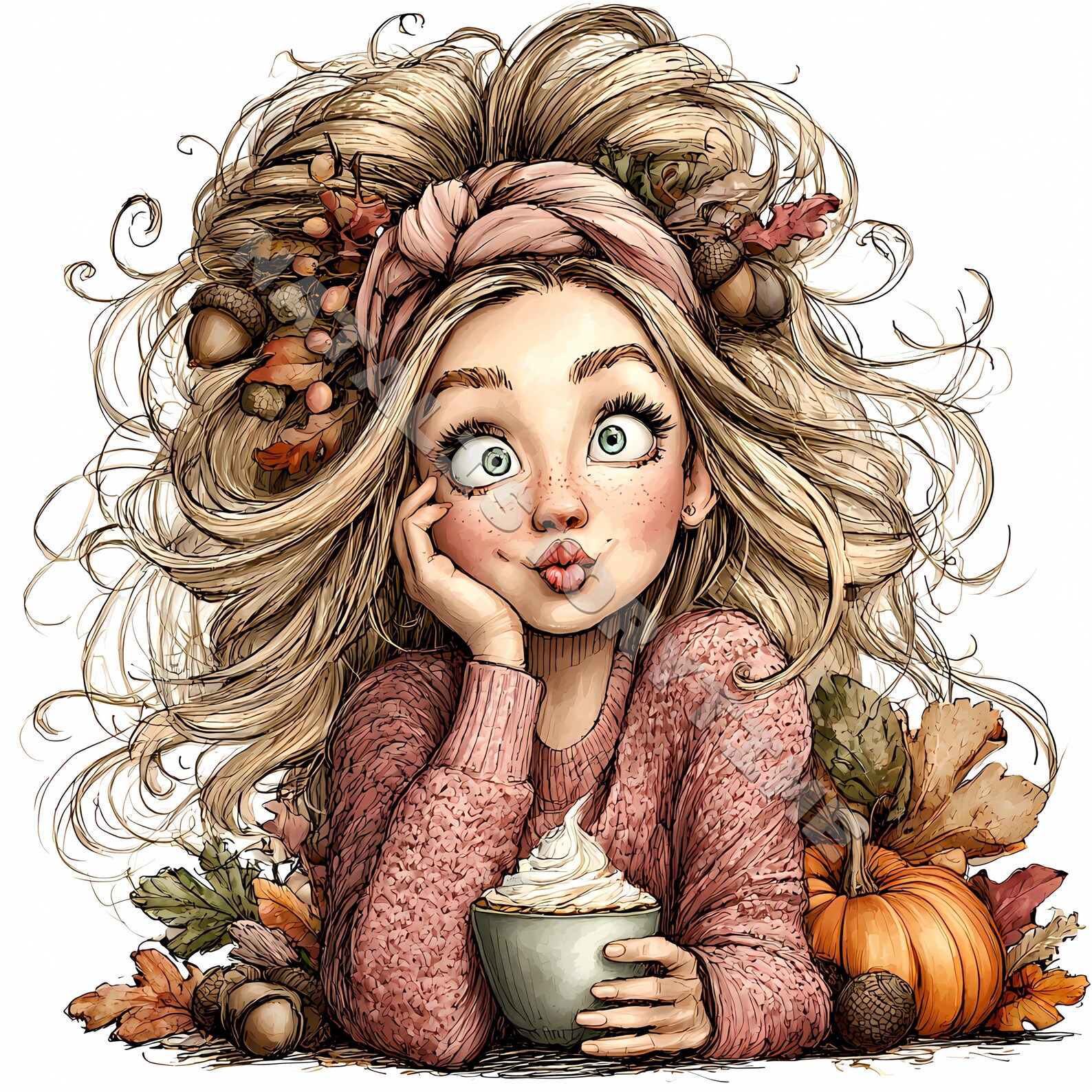 Autumn Coffee Girl 13 JPG Fall Cartoon Clipart Printable Watercolor ...
