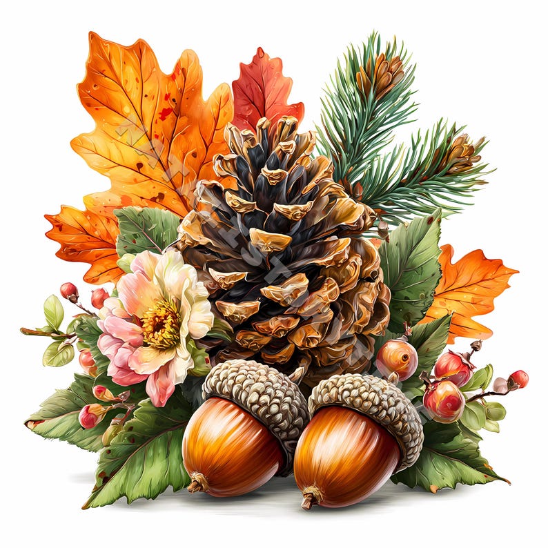 Autumn Pinecone Acorn Clipart Card Design 10 JPG Printable Watercolor ...
