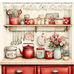 Retro Red Kitchen Clip Art Card Design 10 JPG Printable Watercolor High ...