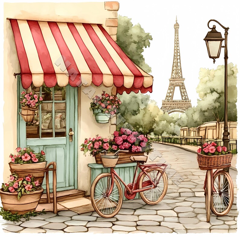 Parisian Street Scene Clip Art Card Design 10 JPG Printable Watercolor ...