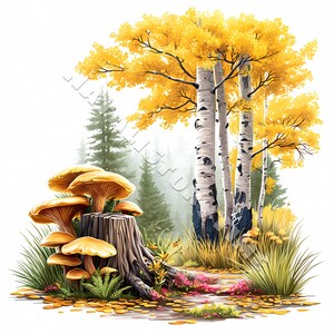Fall Mushroom Stump Clip Art Card Design 10 JPG Printable Watercolor ...
