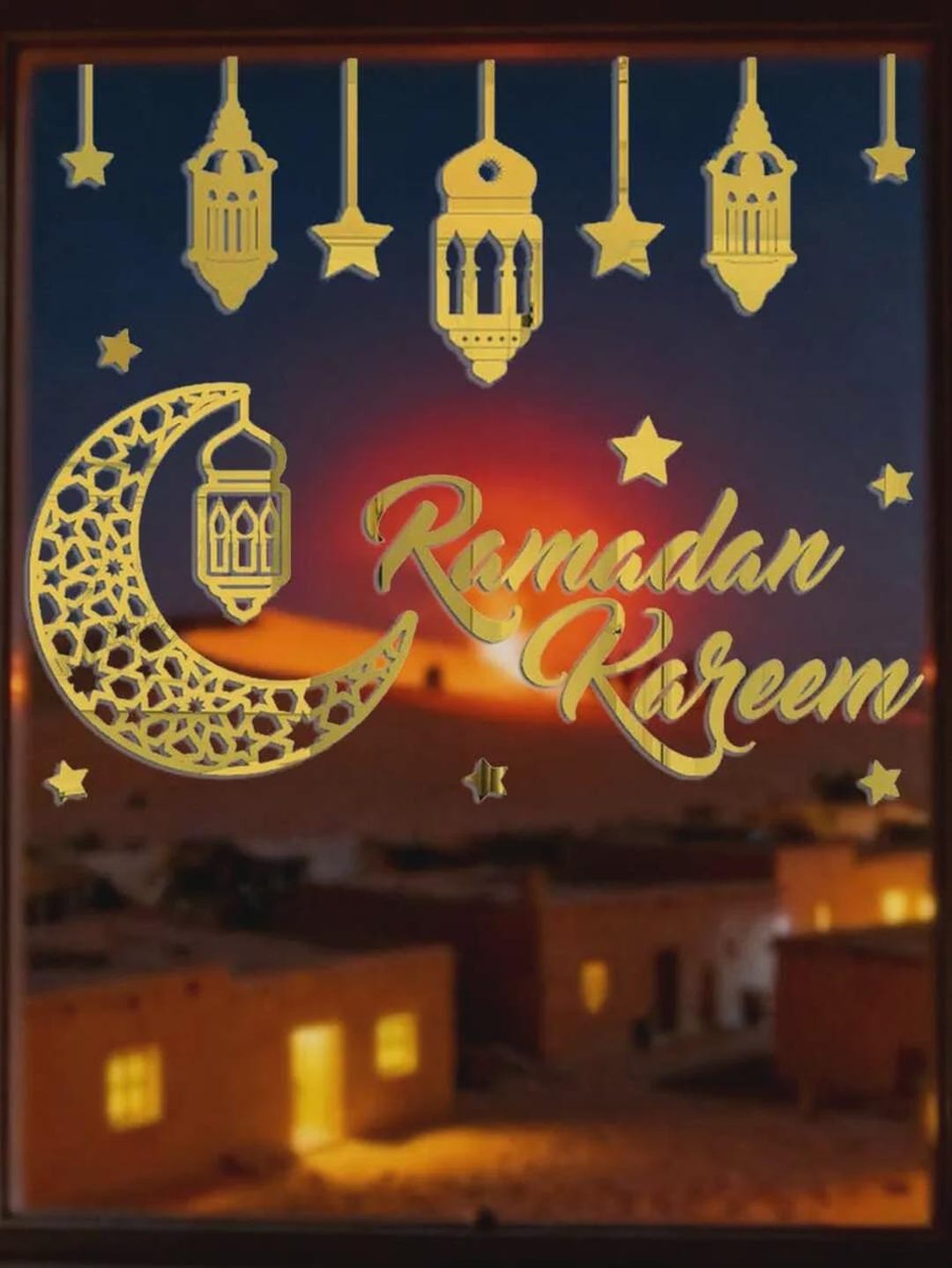 Gold Eid Mubarak Window Stickers, Eid Lantern Moon Star Camel Wall ...