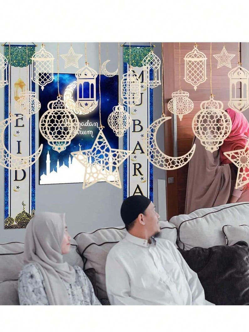 12 Piece Set of Eid Mubarak Wooden Decorations for Ramadan Home ...