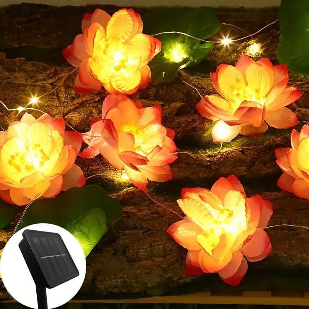 Solar Lotus Flower String Lights Waterproof LED Night Lights for ...