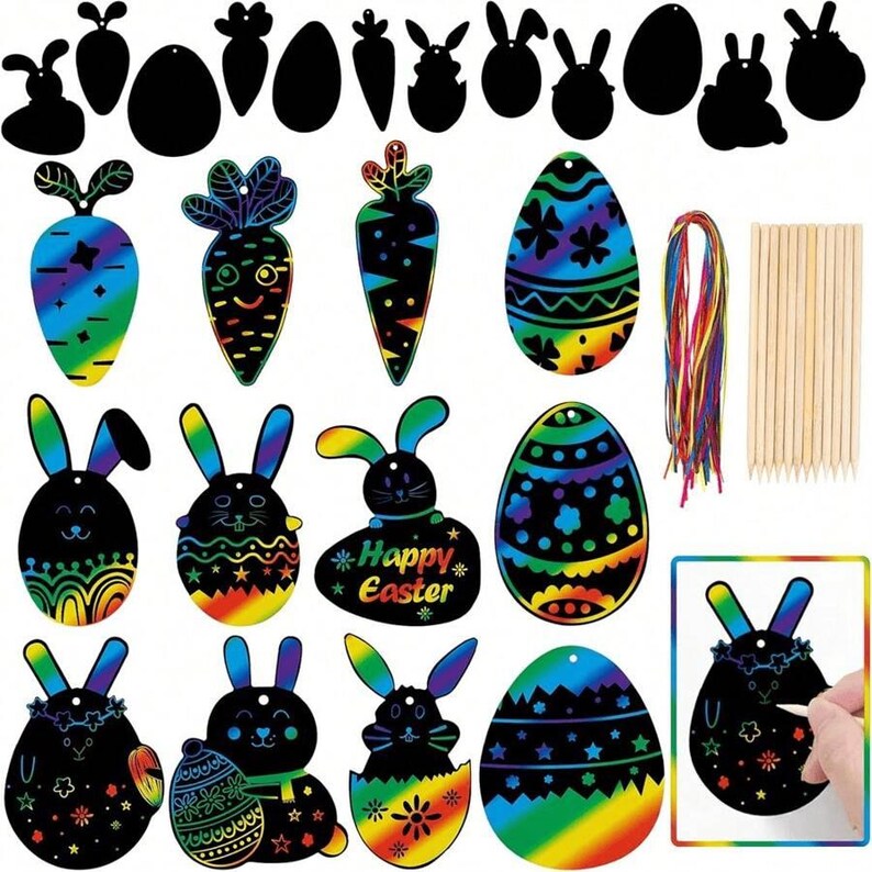 12/24pcs Easter Scratch Pictures, Easter Eggs, Scratch Pictures, Easter ...