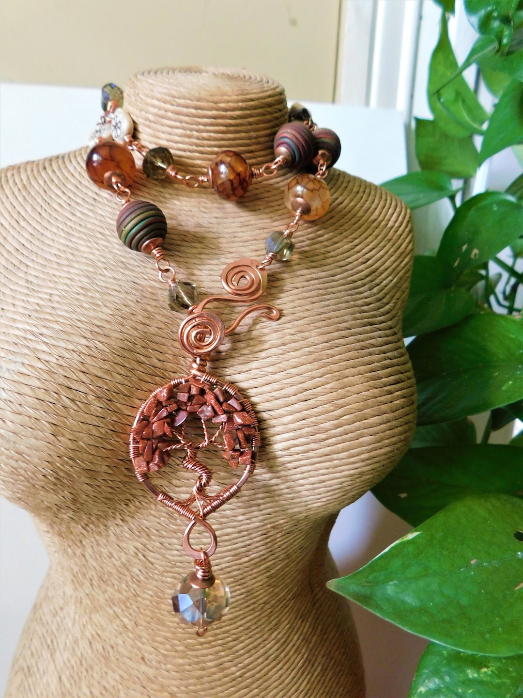 Goldstone Tree of Life, Gemstone/clay/glass Beaded Copper Pendant ...