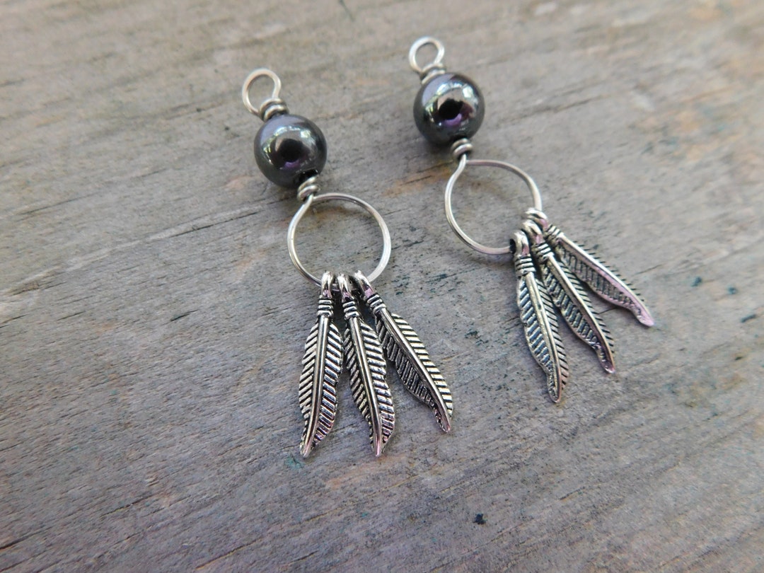 Feathers and Hematite Charms in Stainless Steel, 2pc Set - Etsy