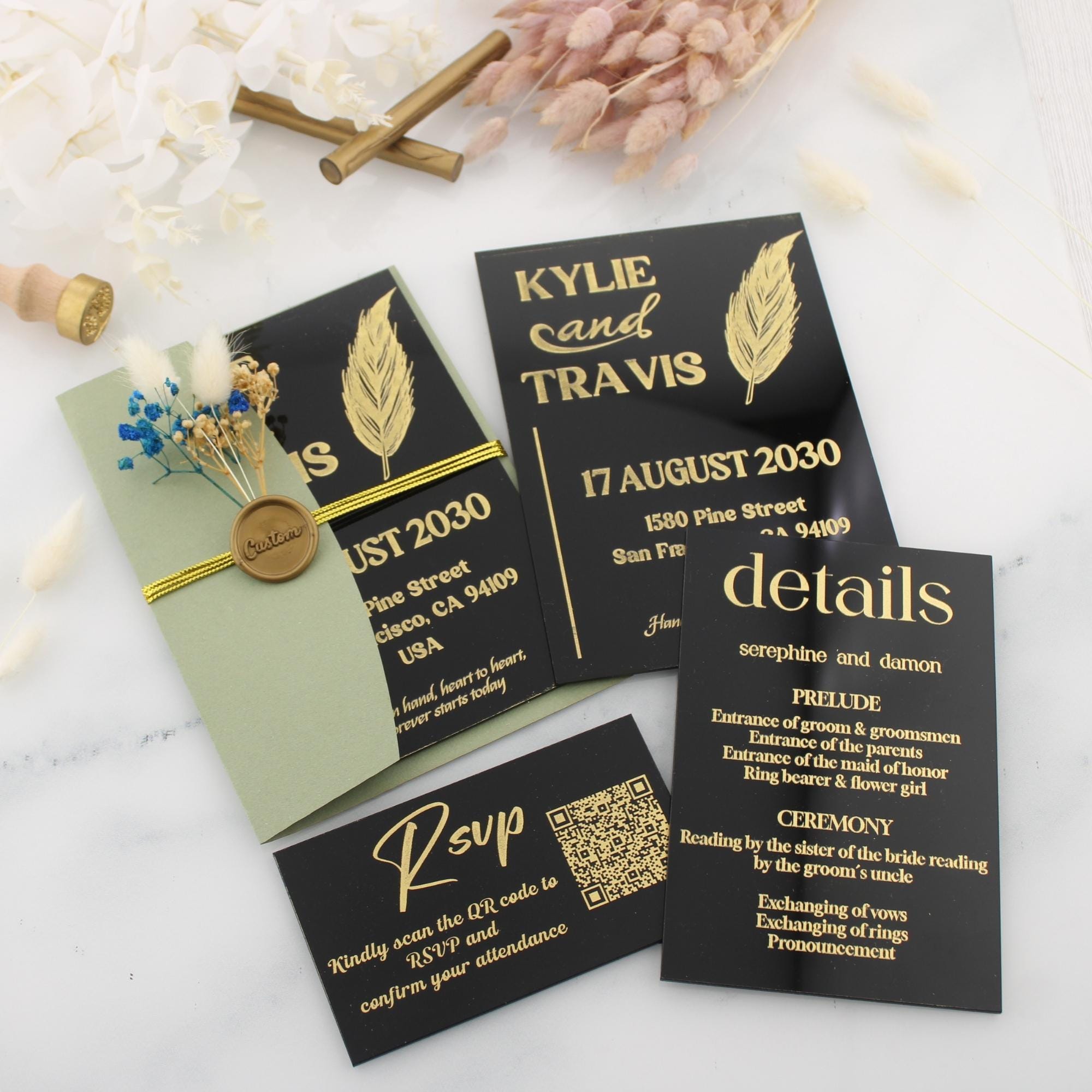 Luxury Black Acrylic Wedding Invitation With Gold Foil, Sage Green ...