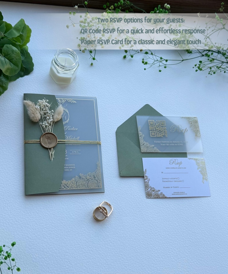 Luxury Acrylic Wedding Invitation Set With Gold Foil and Sage Green ...